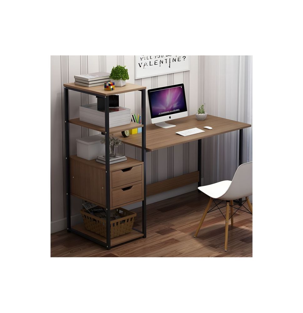Escritorio con Estantes y 2 Cajones - MDF Nogal y Negro - 107x40x110 cm ...